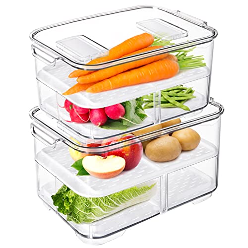 Suwimut 2 Pack Fridge Storage Containers Produce Saver, Stackable Refrigerator Organizer Bins Fresh Keeper Container with Vented Lids and Removable Drain Tray for Fruits and Vegetables