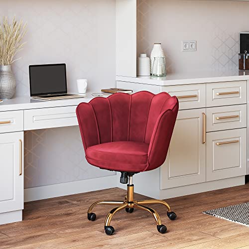 BELLEZE Upholstered Velvet Seashell Accent Chair, Rolling Swivel Office Vanity Unique Cute Decorative, Armless Stylish Comfy, Adjustable Height - Kaylee (Red - Gold)