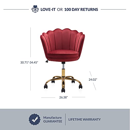 BELLEZE Upholstered Velvet Seashell Accent Chair, Rolling Swivel Office Vanity Unique Cute Decorative, Armless Stylish Comfy, Adjustable Height - Kaylee (Red - Gold)