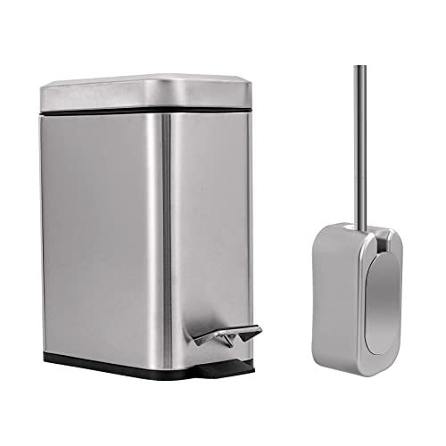 Camtcher Slim Trash Can and Toilet Brush Combo, Stainless Steel, 1.3 Gallon / 5 Liter, Rectangle Step Small Trash Can, Soft Close, Removable Plastic Bucket (1.3 Gallons and Toilet Brush)