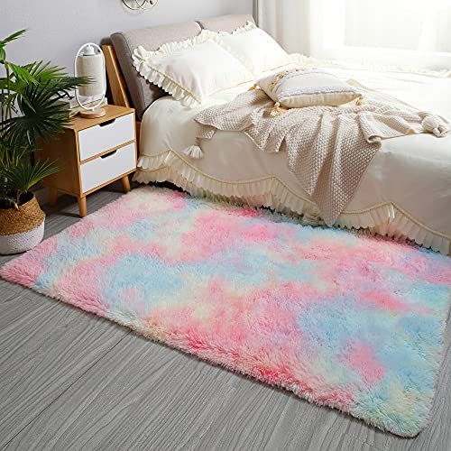 GKLUCKIN Shag Ultra Soft Area Rug, Fluffy 3'X5' Rainbow Plush Indoor Fuzzy Faux Fur Rugs Non-Skid Furry Carpet for Living Room Bedroom Nursery Kids Playroom Decor