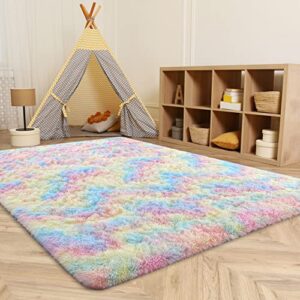 GKLUCKIN Shag Ultra Soft Area Rug, Fluffy 3'X5' Rainbow Plush Indoor Fuzzy Faux Fur Rugs Non-Skid Furry Carpet for Living Room Bedroom Nursery Kids Playroom Decor