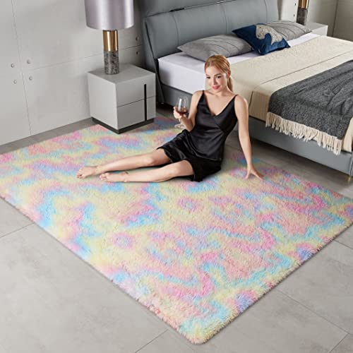 GKLUCKIN Shag Ultra Soft Area Rug, Fluffy 3'X5' Rainbow Plush Indoor Fuzzy Faux Fur Rugs Non-Skid Furry Carpet for Living Room Bedroom Nursery Kids Playroom Decor