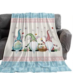 Happy Easter Lovely Gnomes Throw Blanket, Lightweight Cozy Warm Throws Cute Bunny Eggs Buffalo Plaid, Super Soft Fuzzy Plush TV Blankets for Living Room Bedroom Bed Couch Chair