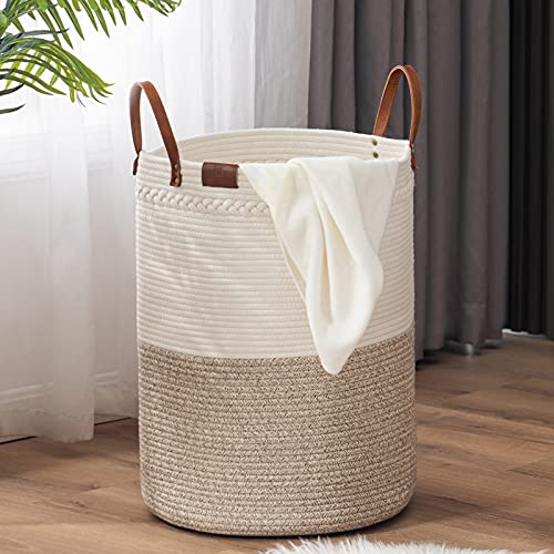 TECHMILLY Tall Laundry Basket, Large Woven Cotton Rope Dirty Clothes Hamper with Handle for Nursery, Bathroom, Bedroom - 72L