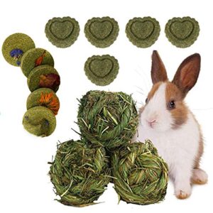 hamiledyi rabbit timothy woven chew toys 13pcs, natural guinea pig grass balls bunny hay cakes small animal molar teeth snacks grinding activity play for hamster chinchilla gerbils