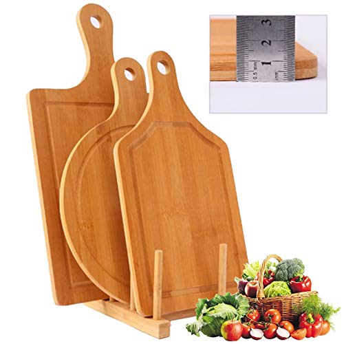 Guojanfon Bamboo Cutting Board Set 3PCS ,Meat Chopping Boards,Pizza Peel Paddle with Handle for Homemade Baking Pizza Bread Cake Fruit Vegetables (3PCS Set- Board)