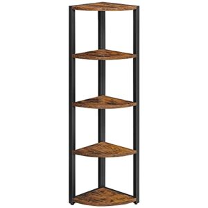 vasagle 5 tier corner shelf stand, corner bookshelf, tall corner storage shelves, industrial rack plant stand for living room, bedroom, home office, rustic brown and black ulls801b01