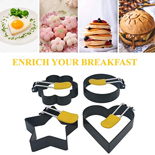 DflowerK Professional Egg Ring Circle Heart Flower Star Shapes 4 Pack Nonstick Egg Maker Molds with Silicone Handle for Egg Frying Shaping Griddle Sandwiches Omelette Pancake Burger (Yellow)