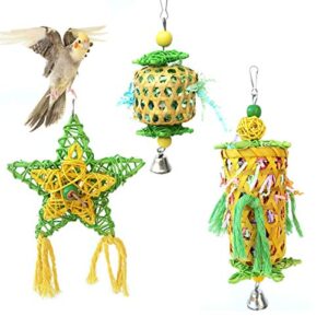 cooshou 3pcs bird parrot shredder toys handmade bamboo parrot conures chewing toy with rattan five-pointed stars small bird hanging swing foraging toy for cockatiels budgie parroket