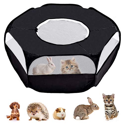 LISINAN Small Animals Playpen, Breathable & Waterproof Pet Playpen Cage Tent with Zippered Cover Outdoor/Indoor Portable Fence Tent for Puppy/Kitten/Rabbits/Hamster/Chinchillas/Guinea Pig (Black)