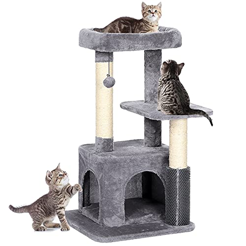 GIOPACO Cat Tree Small Cat Tower, Kitten Activity Centre with 2 Sisal Cat Scratching Posts/Condo/Padded Plush Perches/2 Platforms/Self Groomer Brush Post/Swinging Ball, for Kittens Cats (Dark Grey)