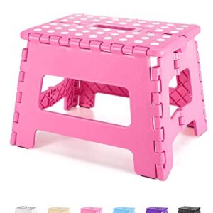 Dyforce Folding Step Stool 9", Durable Kids Step Stool, Heavy Duty Step Stools for Adults, Compact Foot Stools, Light-Weight Toddler Step Stool for Kitchen, Bathroom, Holds Up to 300 lbs (Pink)