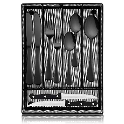 LIANYU 48-Piece Black Silverware Set with Steak Knives and Organizer, Stainless Steel Flatware Cutlery Set for 8, Tableware Eating Utensils Set for Wedding Home Party, Dishwasher Safe, Mirror Polished