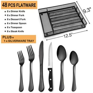 LIANYU 48-Piece Black Silverware Set with Steak Knives and Organizer, Stainless Steel Flatware Cutlery Set for 8, Tableware Eating Utensils Set for Wedding Home Party, Dishwasher Safe, Mirror Polished