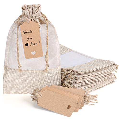 15 Pack 6.3x9.5 Inches Beige Linen Burlap with Sheer Window Organza Gift Bag with Drawstring for Christmas Gifts Wedding Party Favors Cosmetic Perfume Mesh Pouch