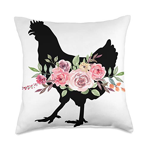 Chicken Bird Farmer Gift Idea Women Girls Gift Bird Floral Rose Flower Farm Animal Chicken Throw Pillow, 18x18, Multicolor