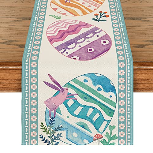 Artoid Mode Cute Easter Eggs Rabbits Easter Table Runner, Seasonal Spring Holiday Kitchen Dining Table Runner for Home Party Decor 13 x 72 Inch