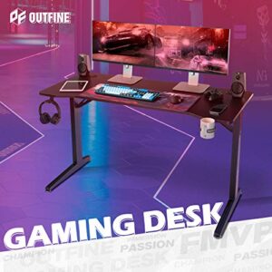 OUTFINE Gaming Desk Home Office Computer Desk Gamer Workstation with Carbon Fiber Surface, Cup Holder, Headphone Hook and T-Shaped Legs (Black, 55")