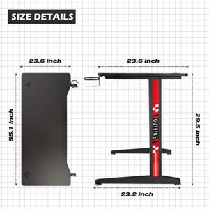 OUTFINE Gaming Desk Home Office Computer Desk Gamer Workstation with Carbon Fiber Surface, Cup Holder, Headphone Hook and T-Shaped Legs (Black, 55")