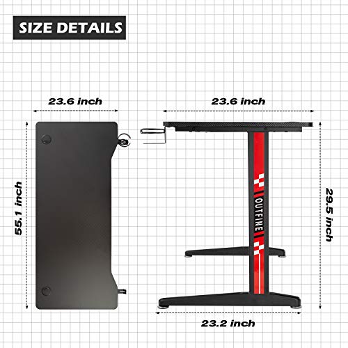 OUTFINE Gaming Desk Home Office Computer Desk Gamer Workstation with Carbon Fiber Surface, Cup Holder, Headphone Hook and T-Shaped Legs (Black, 55")