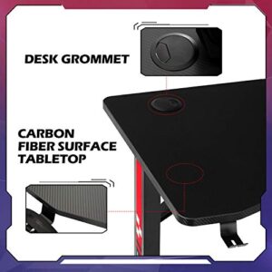 OUTFINE Gaming Desk Home Office Computer Desk Gamer Workstation with Carbon Fiber Surface, Cup Holder, Headphone Hook and T-Shaped Legs (Black, 55")