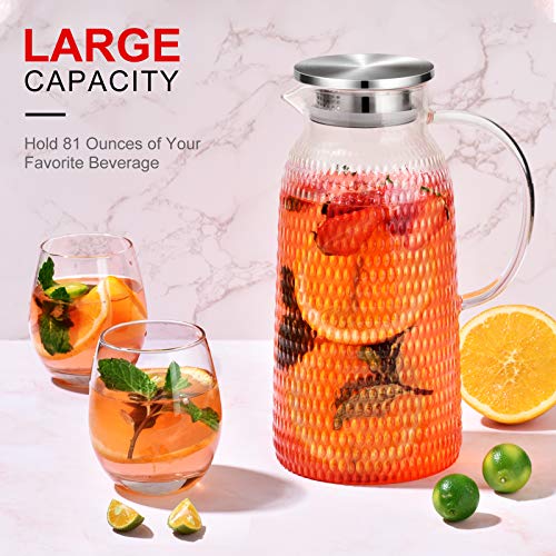 Aofmee Pitcher, 81oz Glass Pitcher, Water Pitcher with Lid, Iced Tea Pitcher Lemonade Pitcher, Glass Carafe for Cold or Hot Beverages, Sun Tea Jar, Easy Clean Heat Resistant Glass Jug for Juice, Milk