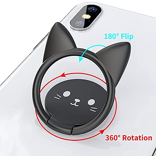 LaMignonne Cell Phone Ring Holder Ultra-Thin Cute Cat Metal Finger Grip 360° Rotation 180° Flip Kickstand Phone Grip for Magnetic Car Mount Compatible with All Smartphones (Black)