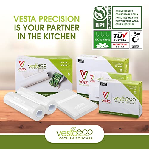 VestaEco Compostable Vacuum Seal Bags | Extend Freshness | Embossed | Certified Compostable | Reduce Waste | 8 x 12 Inches | 50 Vacuum Bags per Box