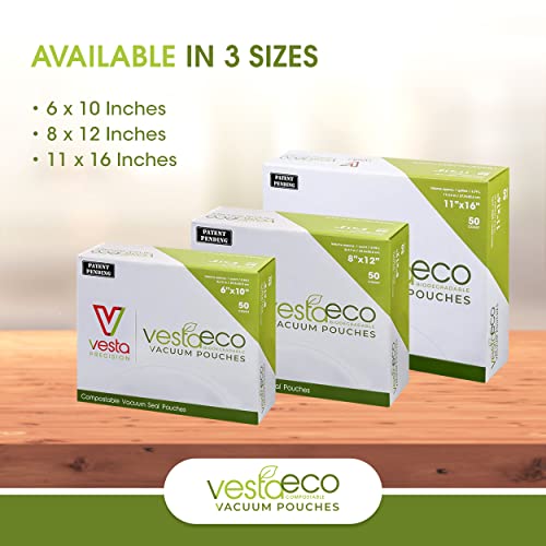 VestaEco Compostable Vacuum Seal Bags | Extend Freshness | Embossed | Certified Compostable | Reduce Waste | 8 x 12 Inches | 50 Vacuum Bags per Box