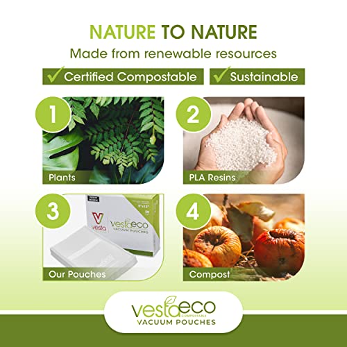 VestaEco Compostable Vacuum Seal Bags | Extend Freshness | Embossed | Certified Compostable | Reduce Waste | 8 x 12 Inches | 50 Vacuum Bags per Box