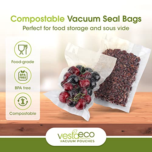 VestaEco Compostable Vacuum Seal Bags | Extend Freshness | Embossed | Certified Compostable | Reduce Waste | 8 x 12 Inches | 50 Vacuum Bags per Box