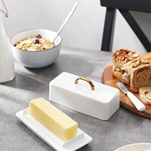 Sweese 327.101 Butter Dish with Lid for Countertop - Butter Dish with Gold Handle, Butter Dishes with Covers for 4oz East West Coast Butter - Dishwasher Safe, White