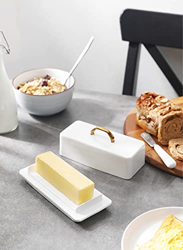 Sweese 327.101 Butter Dish with Lid for Countertop - Butter Dish with Gold Handle, Butter Dishes with Covers for 4oz East West Coast Butter - Dishwasher Safe, White