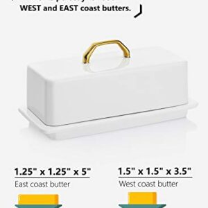 Sweese 327.101 Butter Dish with Lid for Countertop - Butter Dish with Gold Handle, Butter Dishes with Covers for 4oz East West Coast Butter - Dishwasher Safe, White