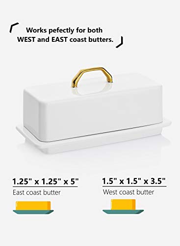 Sweese 327.101 Butter Dish with Lid for Countertop - Butter Dish with Gold Handle, Butter Dishes with Covers for 4oz East West Coast Butter - Dishwasher Safe, White