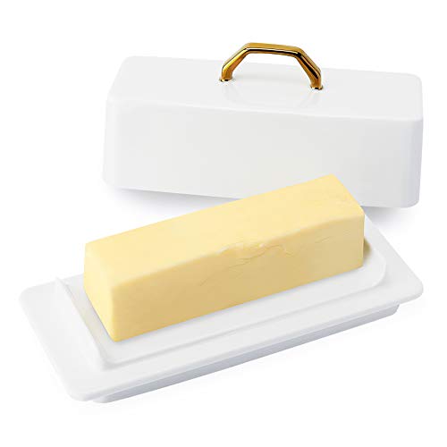 Sweese 327.101 Butter Dish with Lid for Countertop - Butter Dish with Gold Handle, Butter Dishes with Covers for 4oz East West Coast Butter - Dishwasher Safe, White