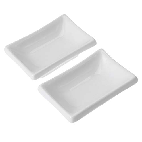 Cabilock 2Pcs 3Inch Sauce Dishes Ceramic Appetizer Serving Tray Rectangular Seasoning Dishes Snack Dipping Bowls for Soy Sauce Dish (White)