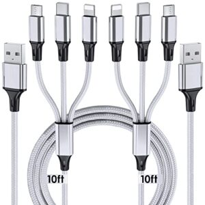 multi charging cable, 10ft 2pack multi phone charger cable braided universal 3 in 1 charging cord extra long multiple usb cable with usb c, micro usb port connectors for cell phones and more