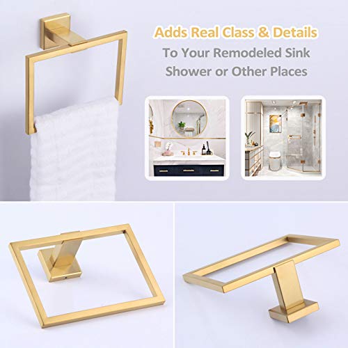 Hand Towel Holder Brushed Gold, Angle Simple SUS304 Stainless Steel Square Towel Ring, Bathroom Towel Hanger for Wall, 7.09-Inch