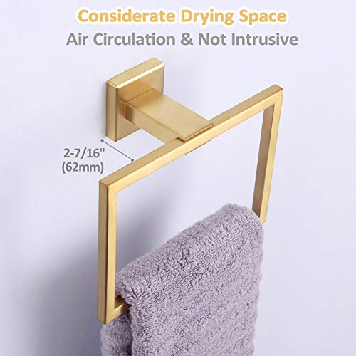 Hand Towel Holder Brushed Gold, Angle Simple SUS304 Stainless Steel Square Towel Ring, Bathroom Towel Hanger for Wall, 7.09-Inch