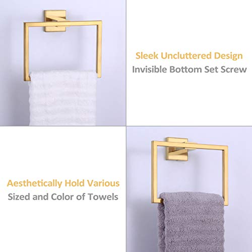 Hand Towel Holder Brushed Gold, Angle Simple SUS304 Stainless Steel Square Towel Ring, Bathroom Towel Hanger for Wall, 7.09-Inch