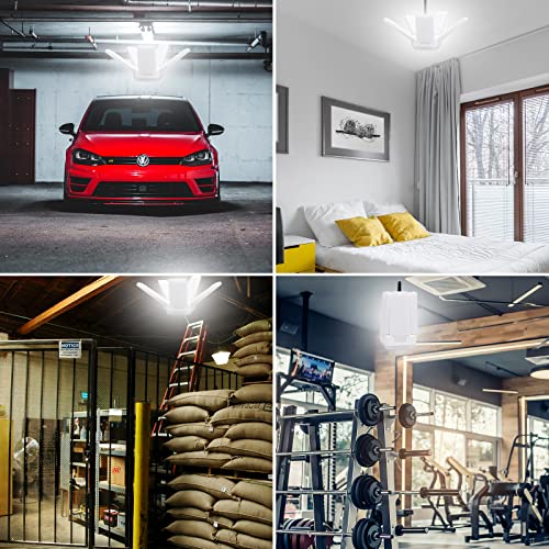 TUODAW LED Garage Lights 4 Pack, The New 100W Deformable LED Shop Lights with 5 Adjustable Panels, E26/E27 LED Ceiling Light, 10000LM 6500K Hight Bay Light for Basement Warehouse Workshop