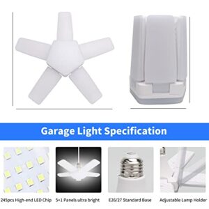 TUODAW LED Garage Lights 4 Pack, The New 100W Deformable LED Shop Lights with 5 Adjustable Panels, E26/E27 LED Ceiling Light, 10000LM 6500K Hight Bay Light for Basement Warehouse Workshop