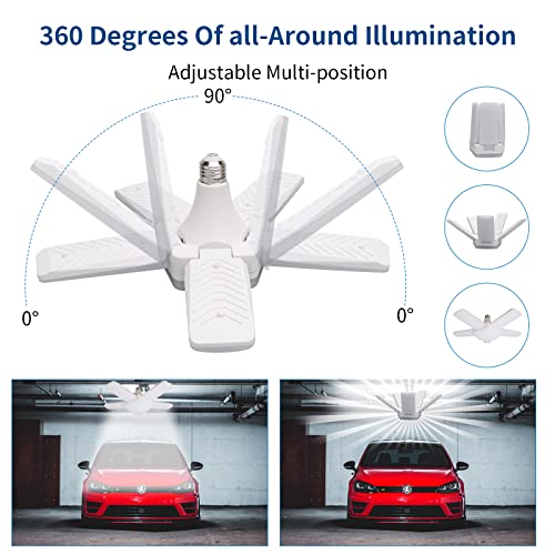 TUODAW LED Garage Lights 4 Pack, The New 100W Deformable LED Shop Lights with 5 Adjustable Panels, E26/E27 LED Ceiling Light, 10000LM 6500K Hight Bay Light for Basement Warehouse Workshop