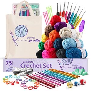 73 piece crochet kit for beginners adults and kids, premium crochet set with 21 crochet hooks set and 1500 yards of yarn for crocheting kit, canvas tote bag and lots more - beginner crochet kit