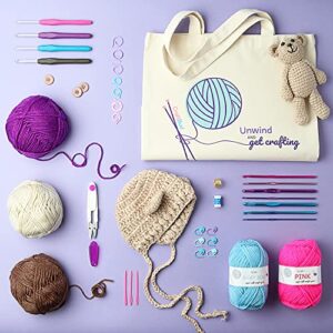 73 Piece Crochet Kit for Beginners Adults and Kids, Premium Crochet Set with 21 Crochet Hooks Set and 1500 Yards of Yarn for Crocheting Kit, Canvas Tote Bag and Lots More - Beginner Crochet Kit