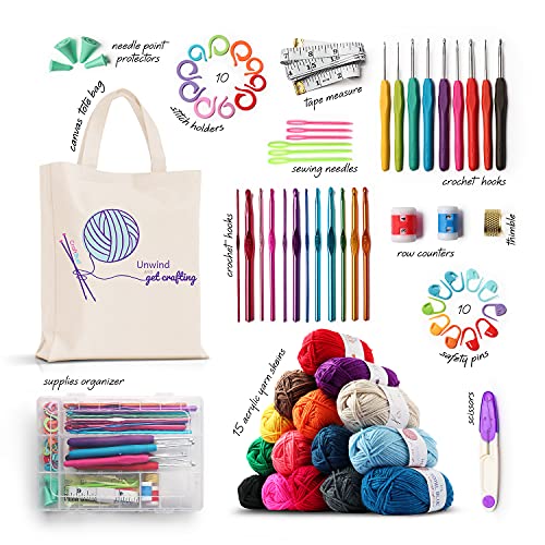 73 Piece Crochet Kit for Beginners Adults and Kids, Premium Crochet Set with 21 Crochet Hooks Set and 1500 Yards of Yarn for Crocheting Kit, Canvas Tote Bag and Lots More - Beginner Crochet Kit