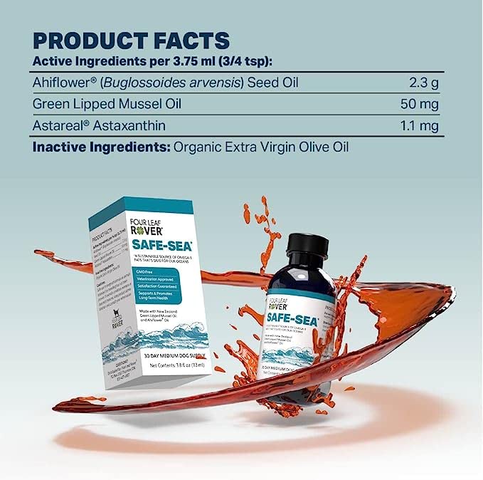 Four Leaf Rover: Safe-Sea Premium Fatty Acids - Omega-3 for Dogs - New Zealand Green-Lipped Mussel Oil for Joint Support - 11 to 45 Day Supply, Depending on Dog’s Weight - Vet Formulated