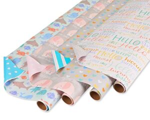 american greetings reversible baby shower wrapping paper, animals and hearts (4 rolls, 160 sq. ft)